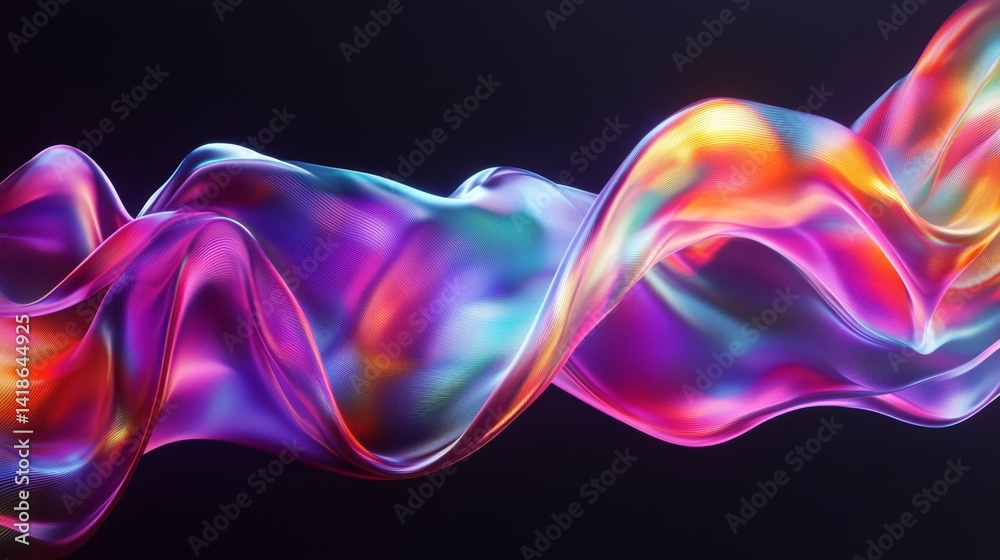 graceful undulating rainbow streamer floating in space, iridescent ...