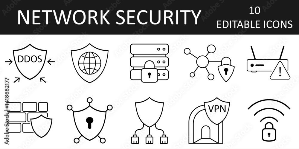 Network security icon set with firewall, VPN tunnel, DDoS shield ...