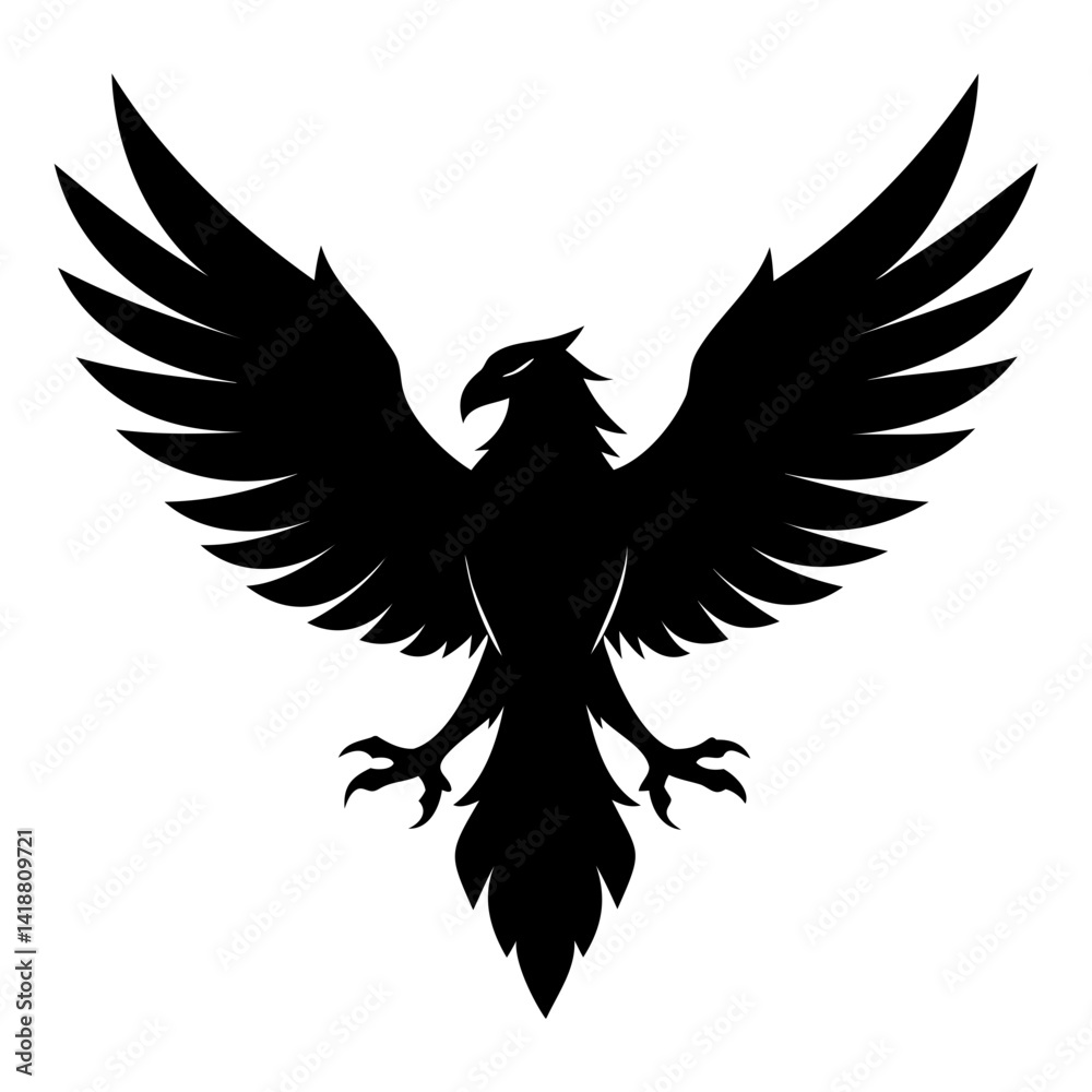 Black Silhouette of Eagle in Flight Majestic Descending Bird with Wings ...