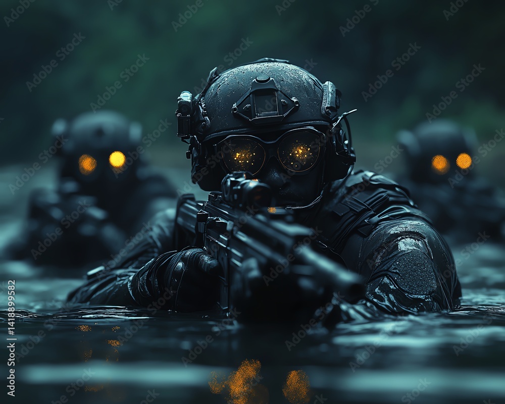 Special forces in black waters at night, glowing night vision lenses ...