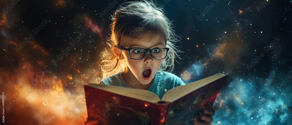 Excited child with a shocked face reading an epic adventure, colorful ...