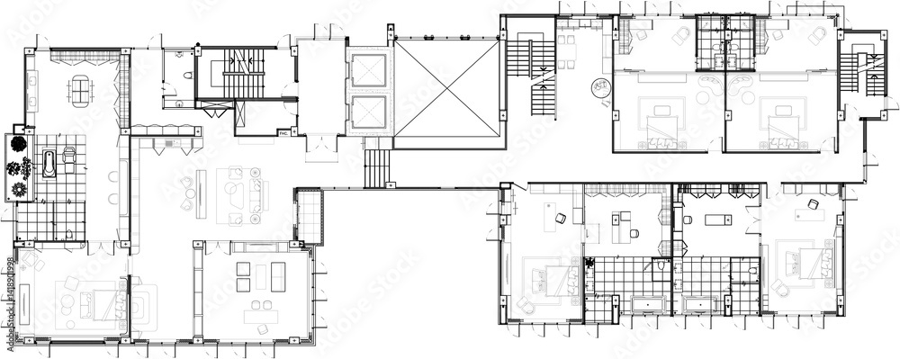 Ilustração Condo interior design drafting, furniture arrangement ...