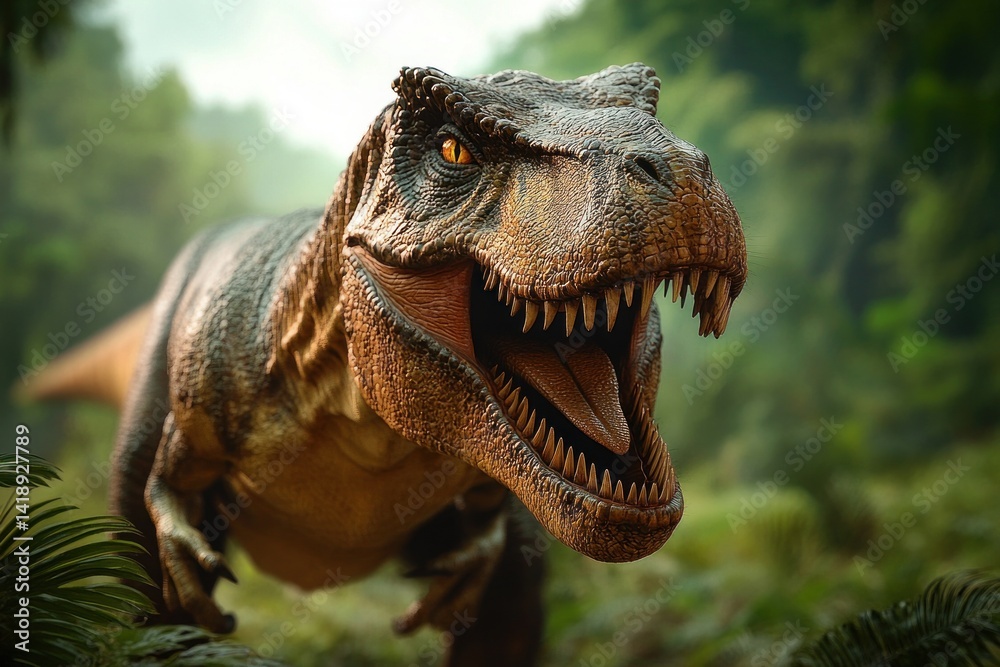 Realistic T-Rex dinosaur head in jungle with dramatic lighting wildlife ...