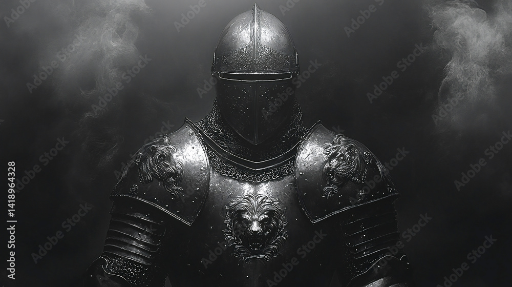 Medieval knight in full plate armor, classic design featuring lion ...