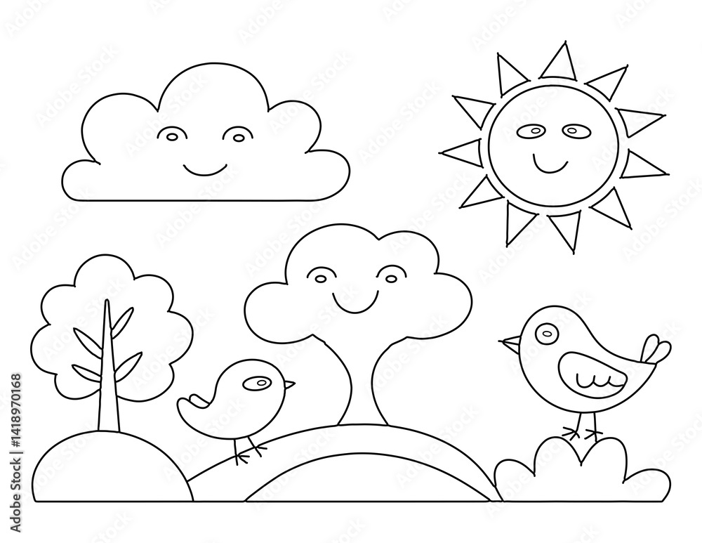 Easy bird, tree, and sun colouring page for kids and adults, 300 dpi ...