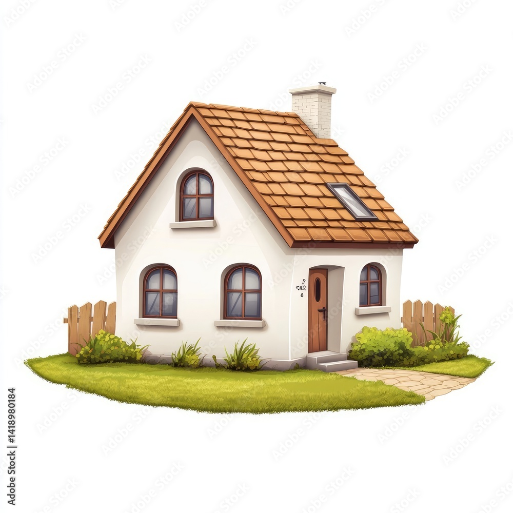 Cute Cartoon Illustration of a Residential House with Landscaping Stock ...