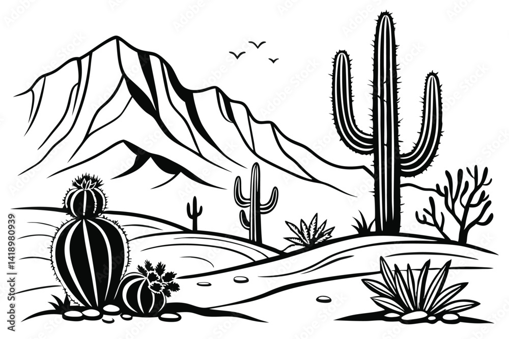 1 Black and white illustration, cactus collection, desert plants ...