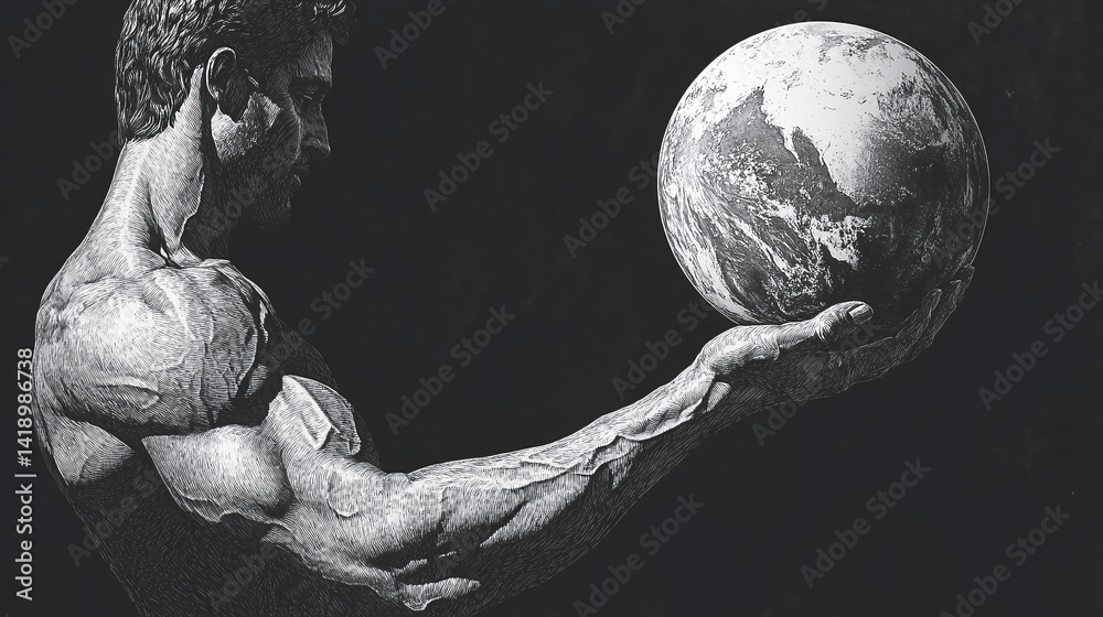 Muscular man holding the Earth in one hand, symbolizing strength and ...