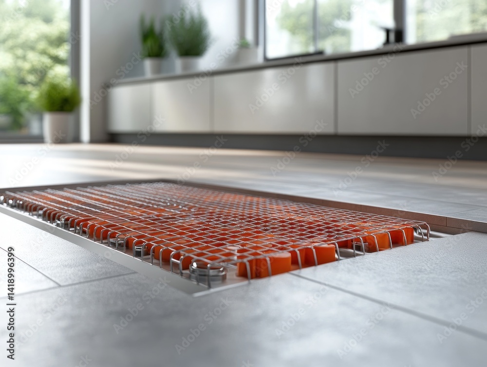 Underfloor electric heating installation with ceramic tiles and cement ...