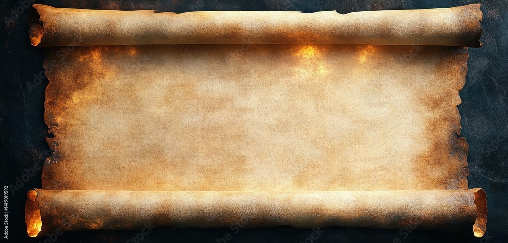 Aged vintage parchment scroll with burnt edges in horizontal position ...