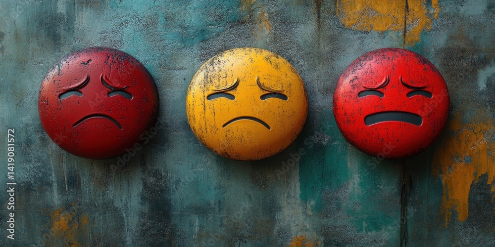 3D Illustration of Three Emoticon Faces with Red Yellow Green Borders ...