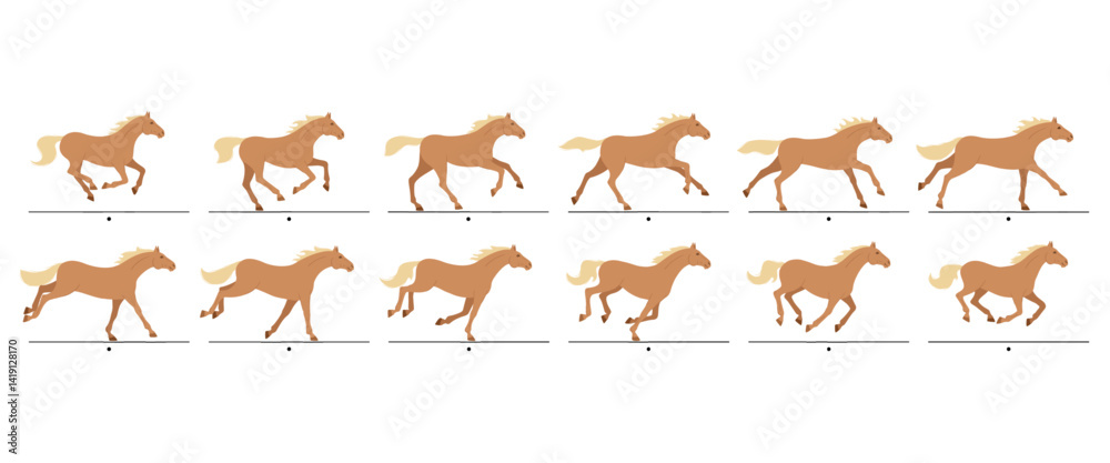 Cartoon running horse animation frames. Galloping, horses gait movement ...