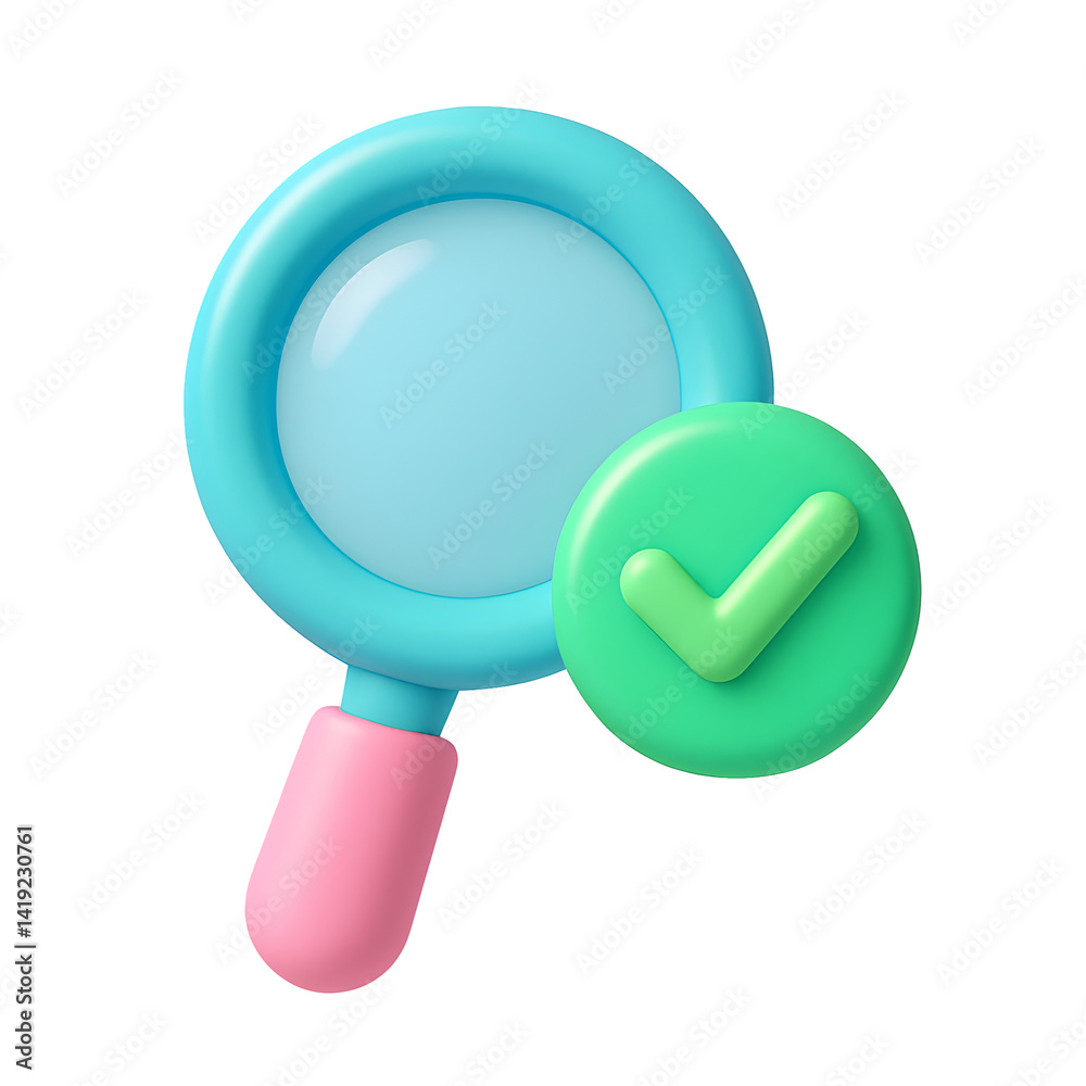 3D magnifying glass with check icon for verified search, accuracy ...