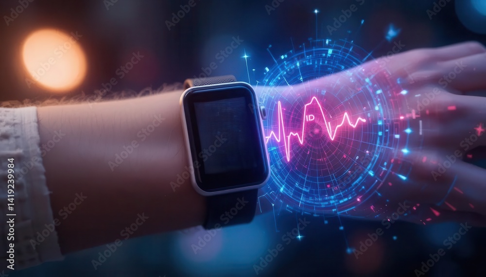 Wearable technology ECG concept. A futuristic smartwatch displays ...
