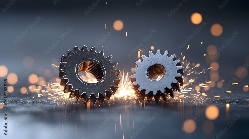 Two metallic gears grinding against each other with immense pressure ...
