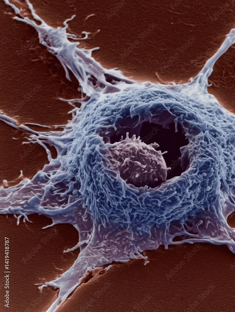 Scanning electron microscope image of a cancer cell migrating through a ...