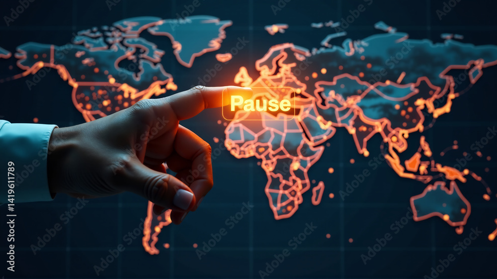 Hand Pressing Pause Button Symbol Overlaid on Global Trade Route ...