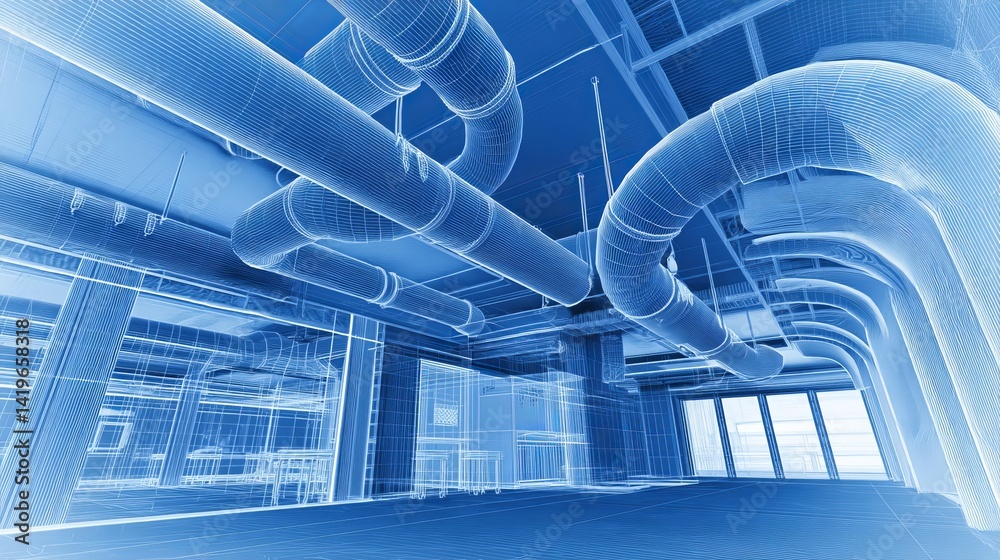 Architectural BIM model of air ducts 3D blueprint illustration of HVAC ...