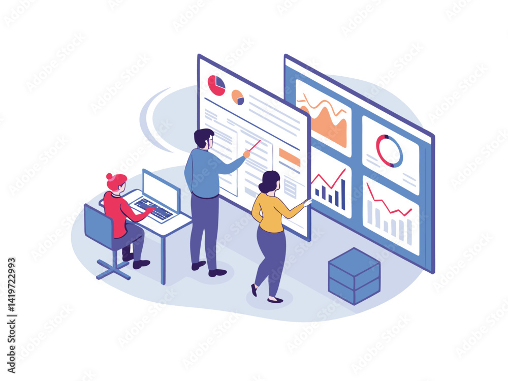 Team analyzing data on interactive dashboards. Business people working with charts, graphs, and ...