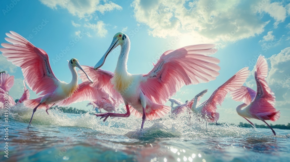 Roseate Spoonbills in flight, shallow water, sunny day, wildlife scene ...