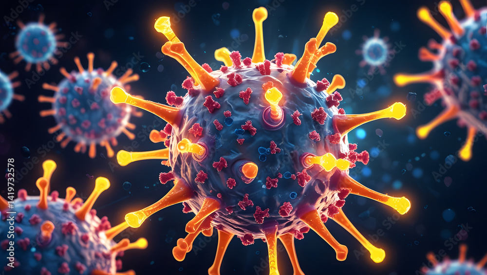 Highly detailed scientific illustration of a mutated virus, focusing on ...
