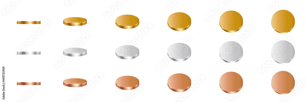 Gold, silver and bronze coins animation. 3d metal money rotation in ...