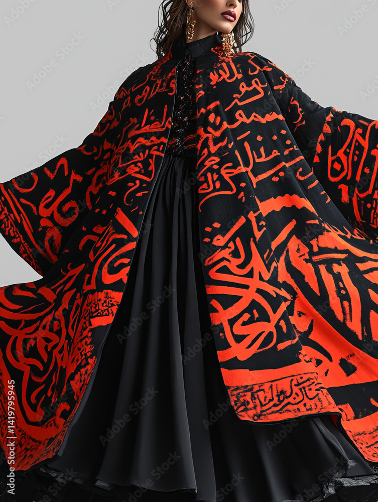 elegant woman in an avant-garde outfit, wearing the traditional kandura ...