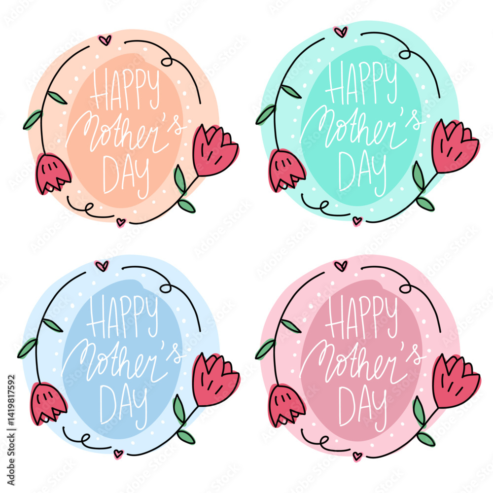 cute set colorful pastel Happy mother’s day text hand written drawn ...
