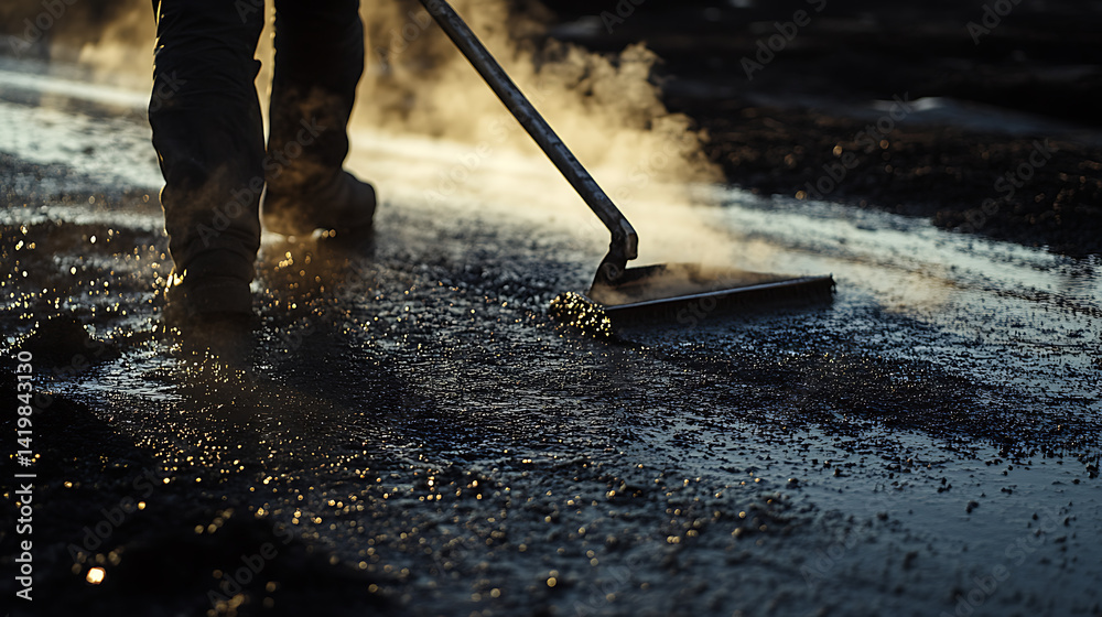 Asphalt worker spreading hot tar on a roadway. Featuring endurance and ...