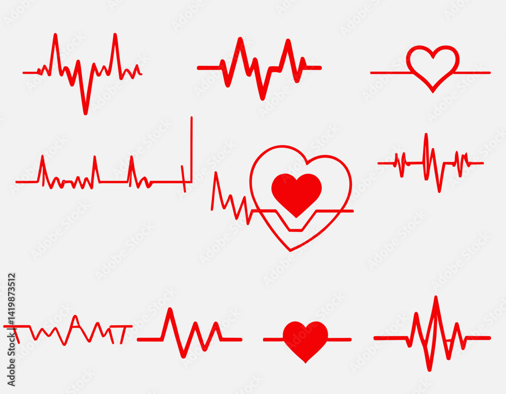Red heartbeat line collection with heart symbol, cardiology, medical ...