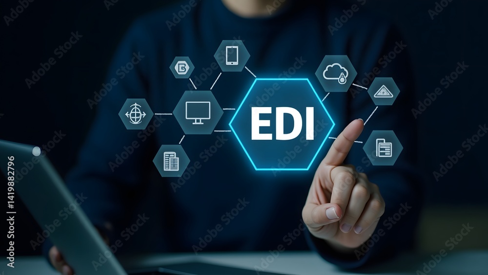 EDI, Electronic Data Interchange Concept. Businessman touching on EDI ...