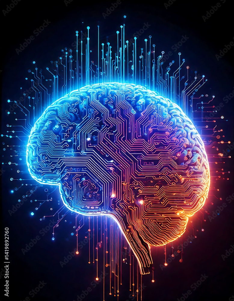 Futuristic brain circuit design on black. Represents artificial ...