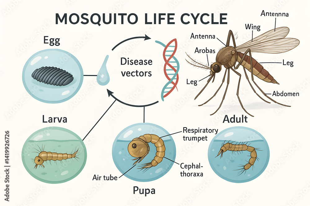 Mosquito Life Cycle Illustrated in Colorful Diagram Stock Illustration | Adobe Stock