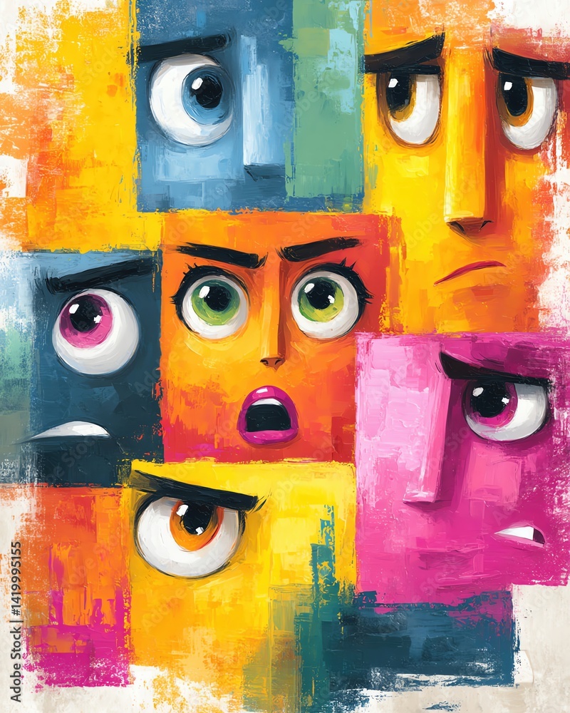 emotion based communication, bold pop art faces showing extreme facial ...