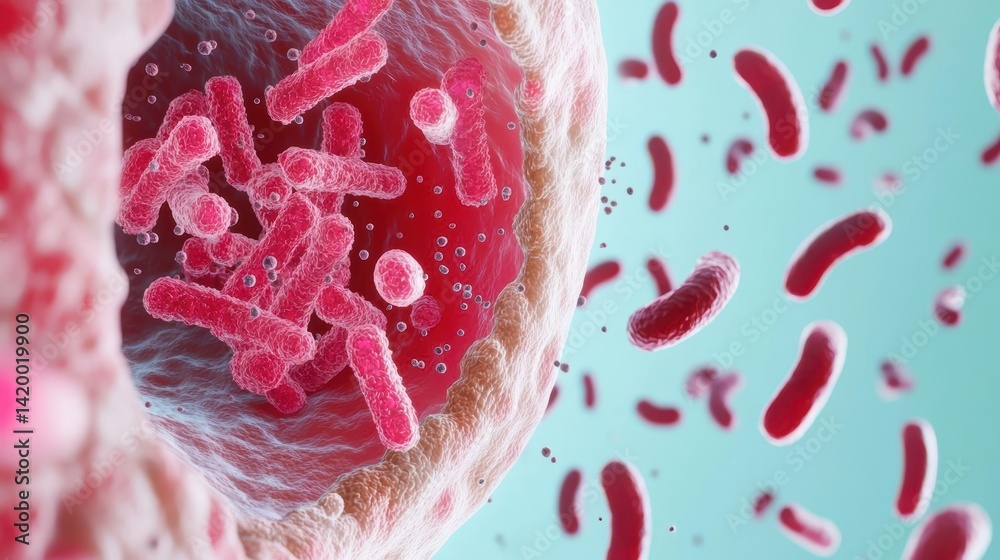 Microbial cell cutaway showing bacterial ribosomes processing proteins ...