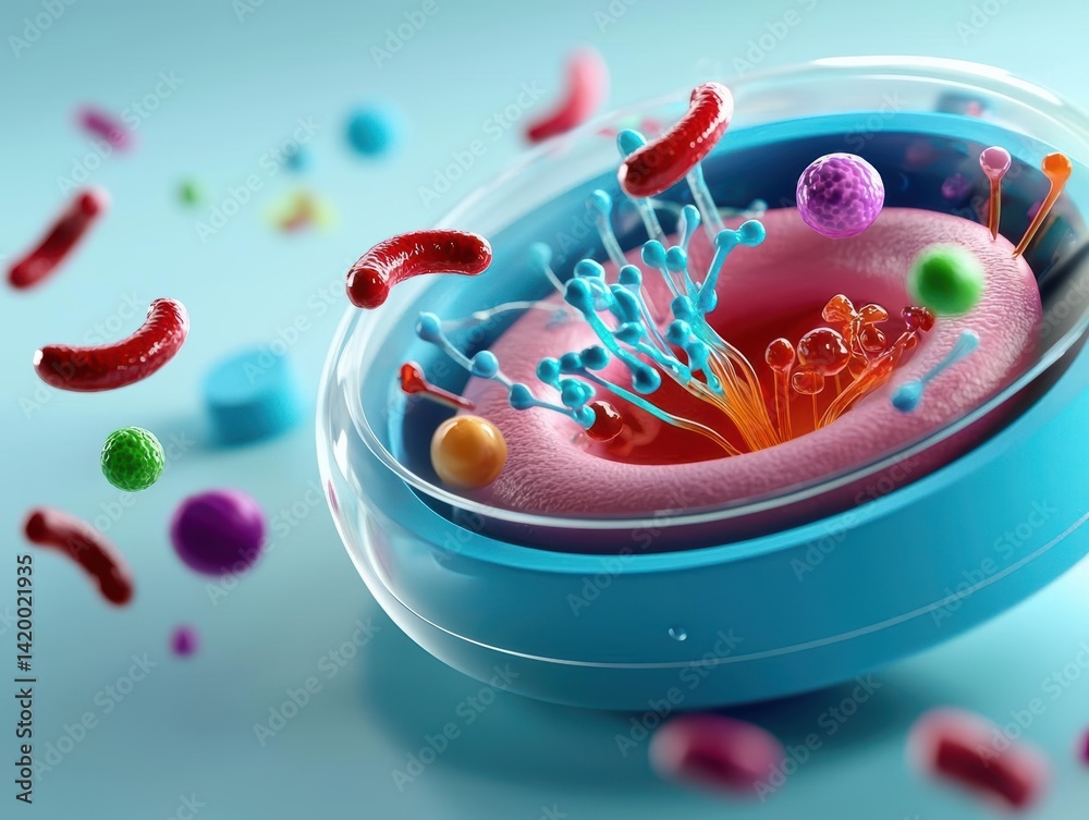 Exploded 3D model of a cell revealing ribosomal activity, metabolic ...