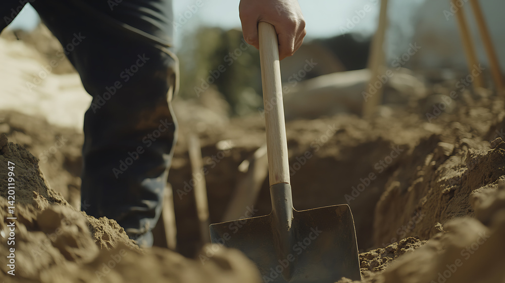 Construction worker digging a trench for foundation. Featuring strength ...