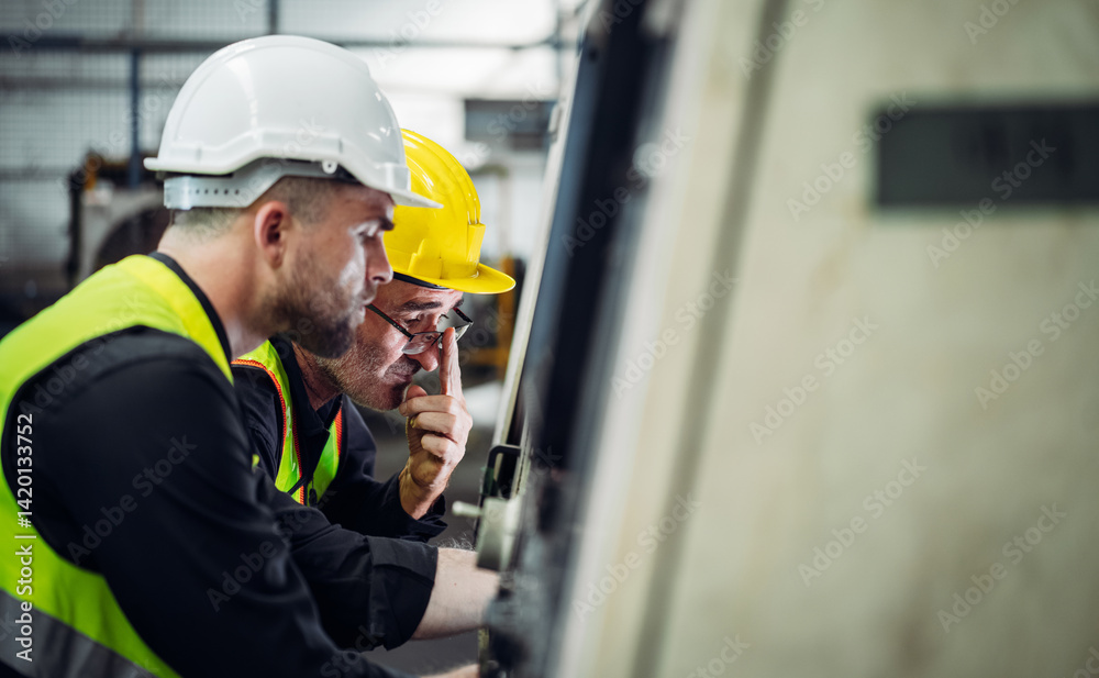 Team of mechanical engineers working together by factory machines ...