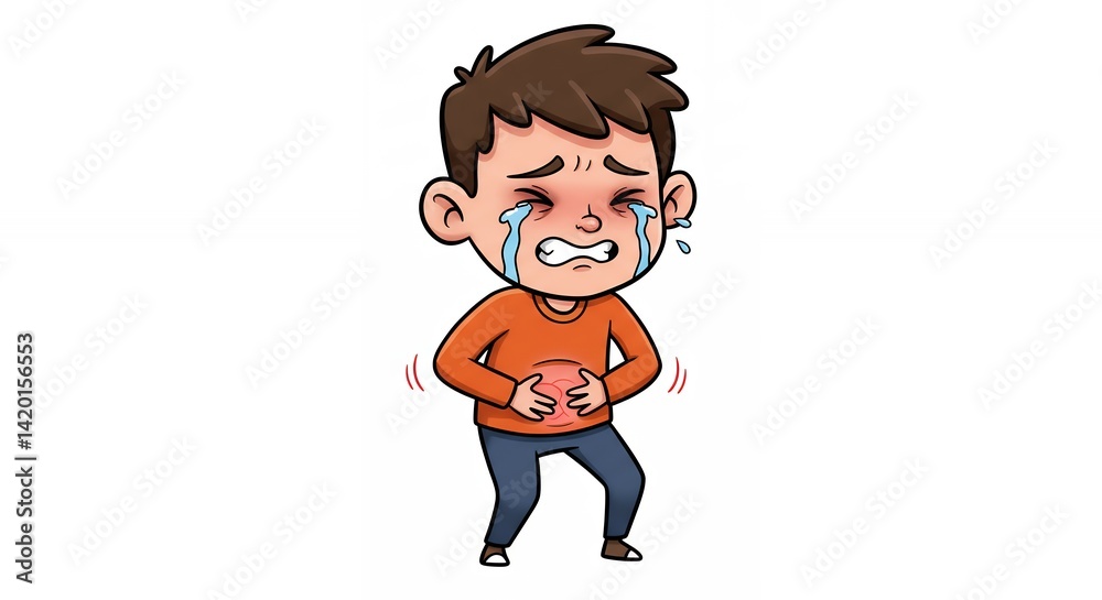 Sad cartoon boy experiencing stomach pain child health emotional ...