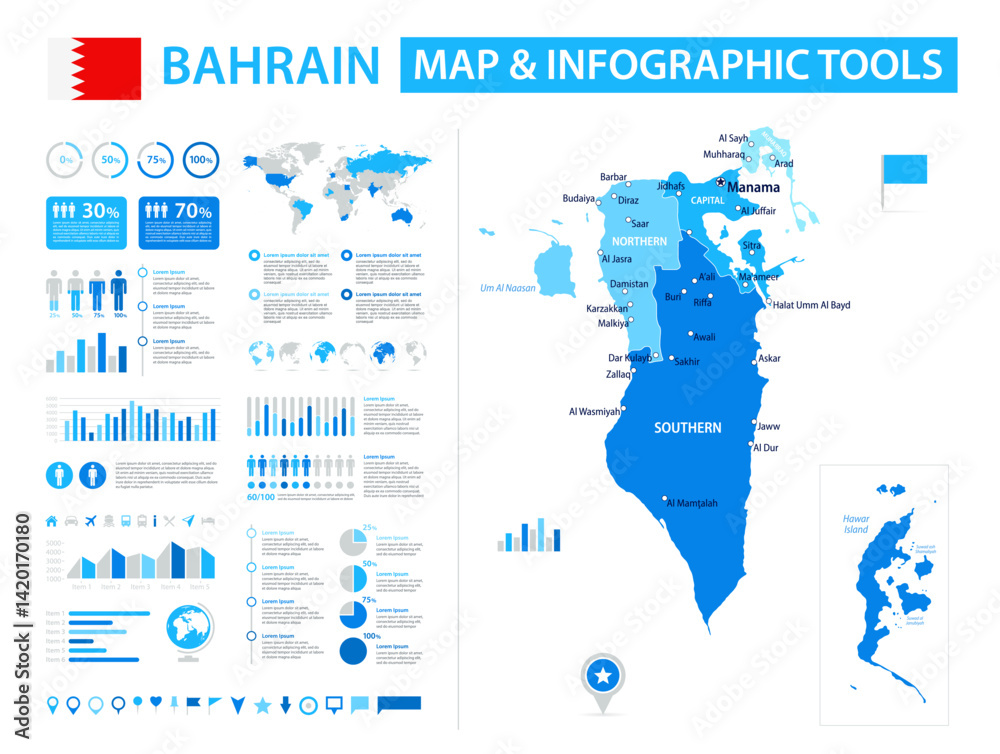 Bahrain Infographic Map with Data Visualization Elements - Vector Map ...