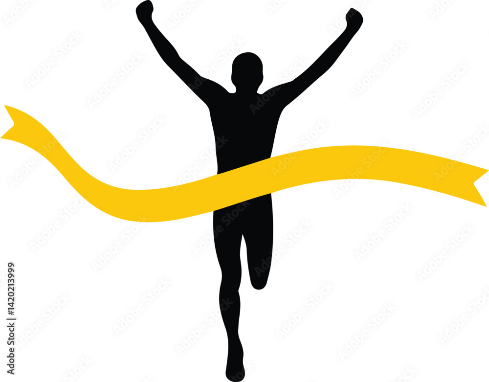 Silhouette of a Runner Crossing the Finish Line with Yellow Ribbon ...