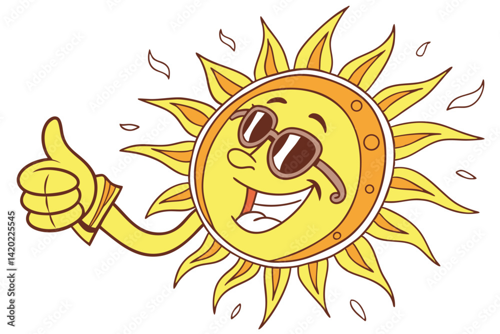 20 Cartoon sun, smiling face, sunglasses, thumbs up, bright yellow ...