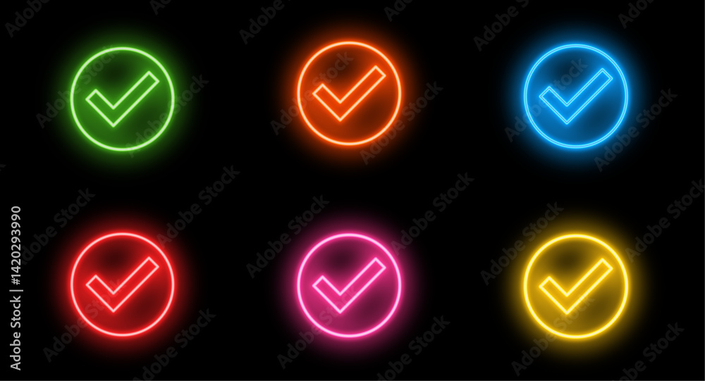 fully editable neon glowing check mark tick icons set, symbols of ...