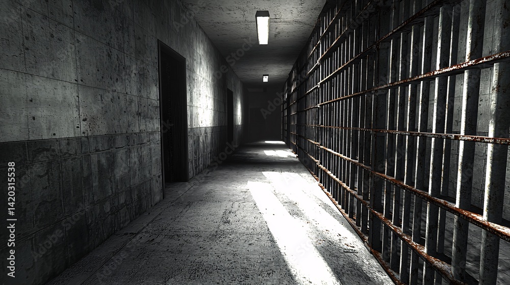 prison corridor with cold concrete walls, dim lighting, and rusted bars ...