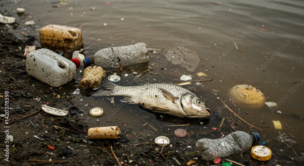 Dead fish surrounded by plastic waste in a polluted river, symbolizing ...