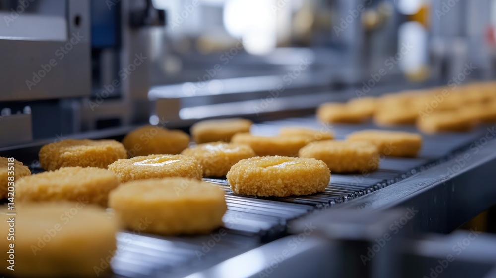 industrial food production line showcasing breaded chicken nuggets in ...