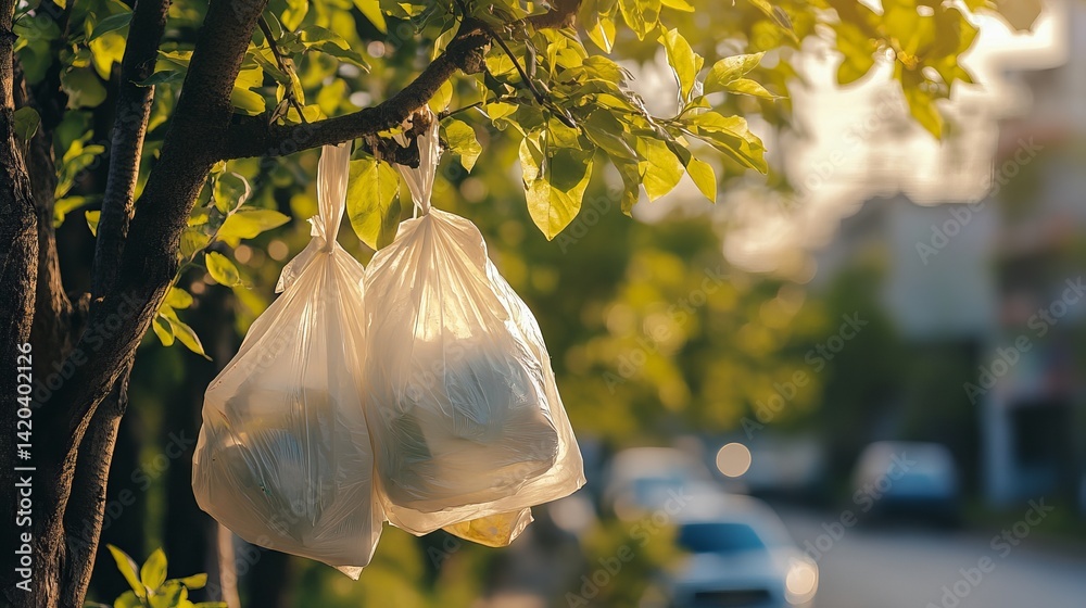 Plastic Bags Hanging Tree Branch Sunlight Nature Environmental ...