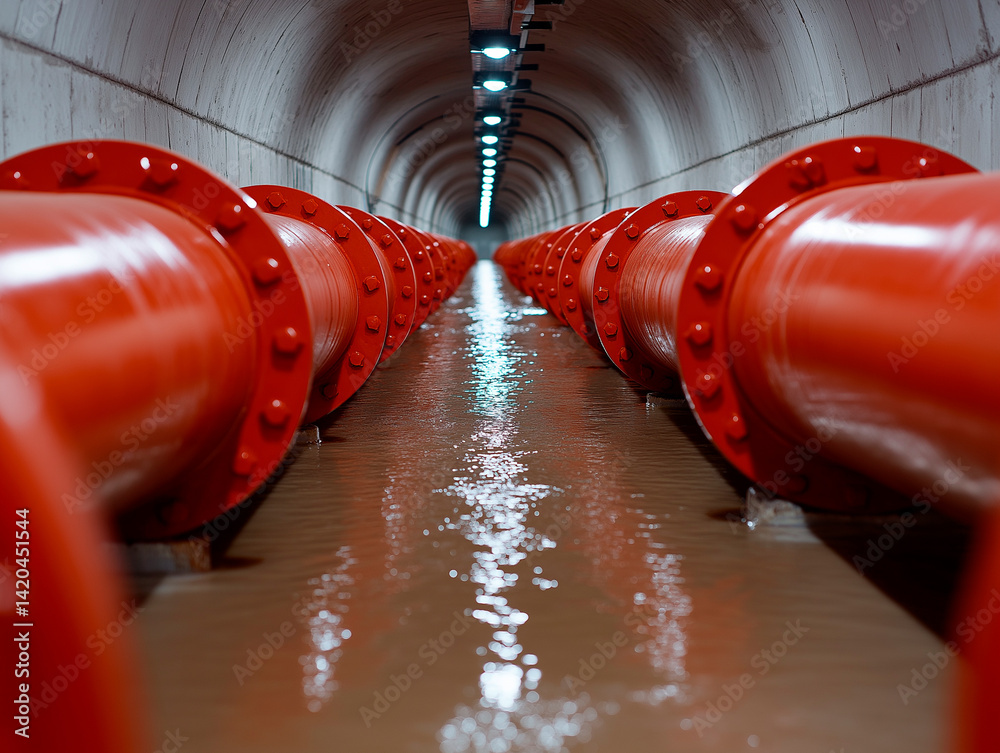 Symmetrical view of red industrial pipes in underground tunnel. Great ...