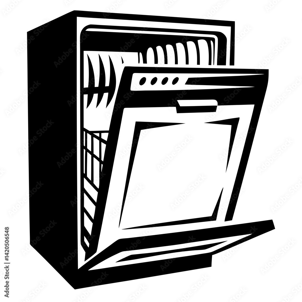 Simple black and white cartoon drawing of a dishwasher with open door ...