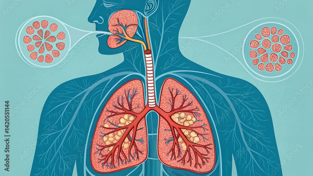 3d vector of the human Respiratory System, lungs, alveoli. Inside ...